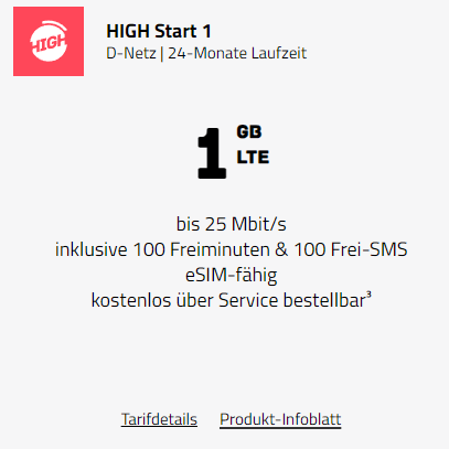 HIGH Start Tarife im Telekom-Netz – 1 GB + Freiminuten 💶