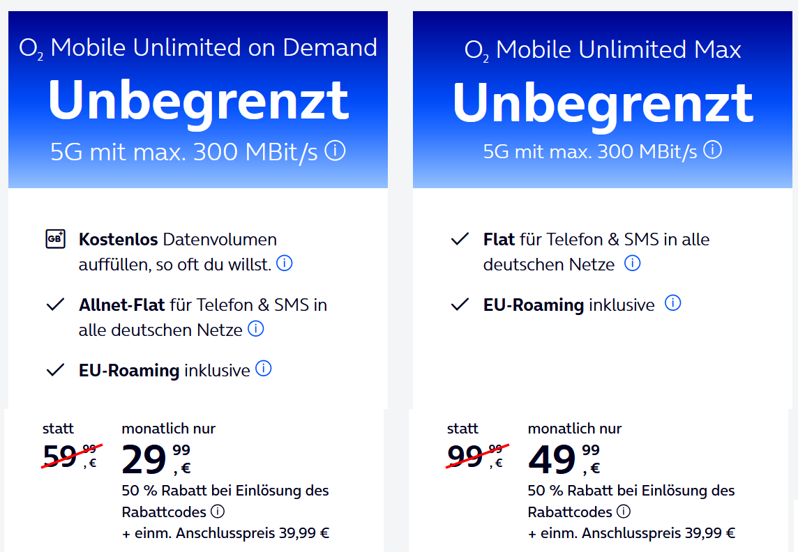 50 % Rabatt: o2 Mobile Unlimited ab eff. 29,99 € im Monat
