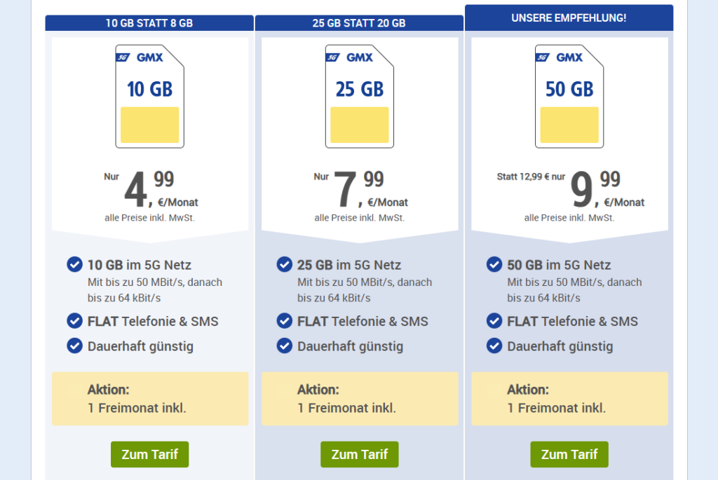 GMX 1&1 All-Net Flat Tarife: ab 4,99 € & bis 50 GB