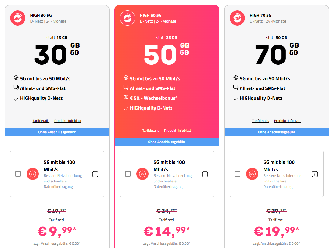 HIGH mobile–Angebote: Ab 30 GB für nur 9,99 € mtl. – auch Flex!